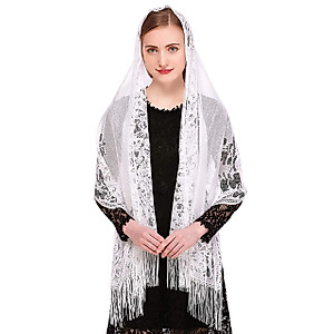 PAMOR Chapel Veil Scarf Mantilla Veils Rectangular Wrap Shawl Mass Head Covering with Fringe Trim (White)