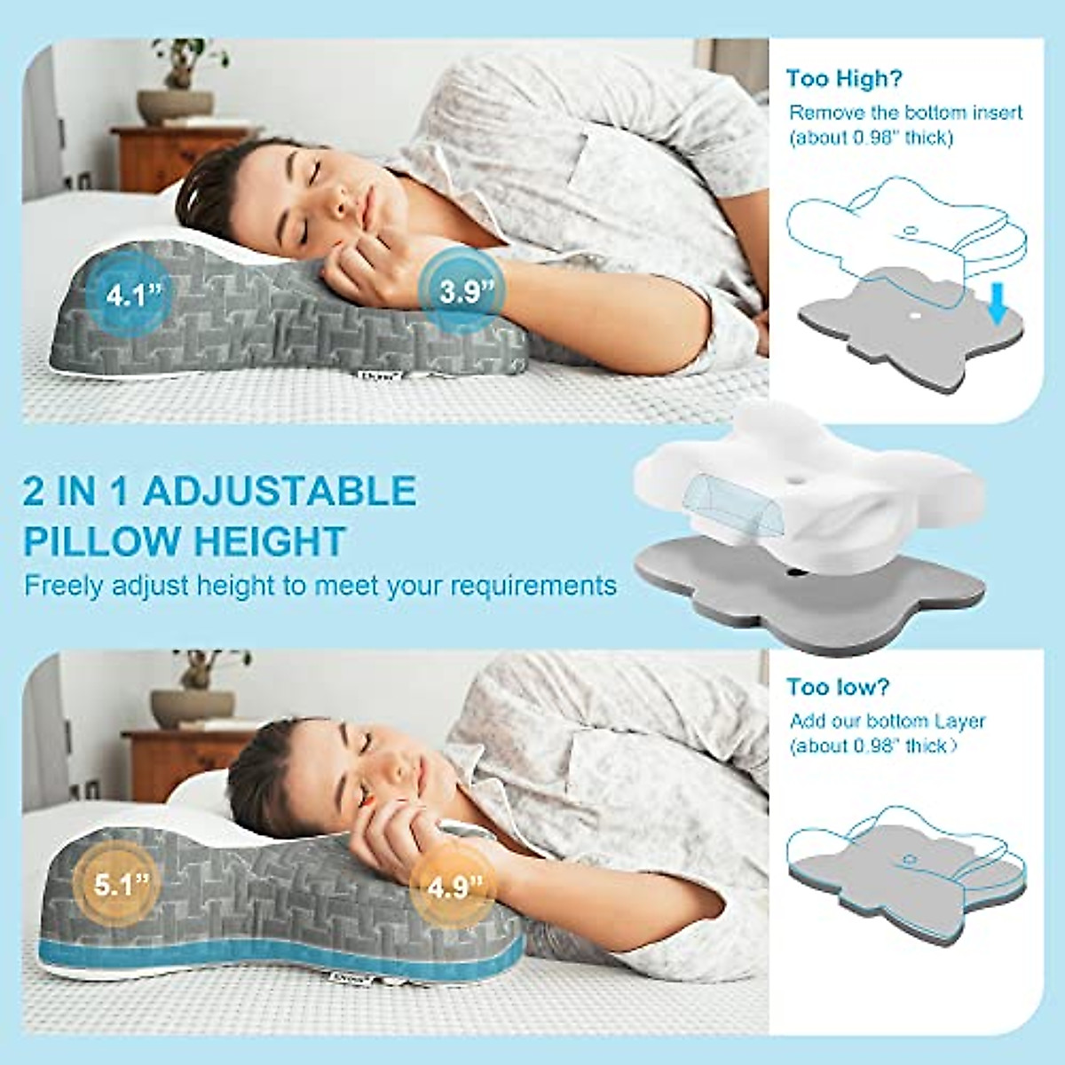 Elviros Cervical Memory Foam Neck Pillow for Pain Relief, Adjustable Orthopedic Support Pillows for Sleeping, Ergonomic Bed Pillow for Side, Back, Stomach Sleepers, Queen Size, Grey