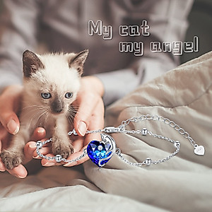 AOBOCO Cat Bracelet for Women Sterling Silver Cute Cat Jewelry with Blue Sapphire Heart Crystal from Austria, Cat Jewelry Gifts for Women Cat Lovers