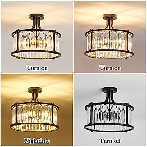 YYJLX 6-Light Black Semi Flush Mount Crystal Chandelier Metal Modern Ceiling Light Fixture Lighting for Living Room Dining Room Kitchen Bedroom Foyer Hallway