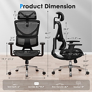 CabeVibe Ergonomic Mesh Office Chair - 6‘6“ Big & Tall Home Office Desk Chairs Seat Depth Adjustable with Lumbar Support - Back Height Adjustable Computer Task Chair with Headrest (Ergo Upgrade 518)