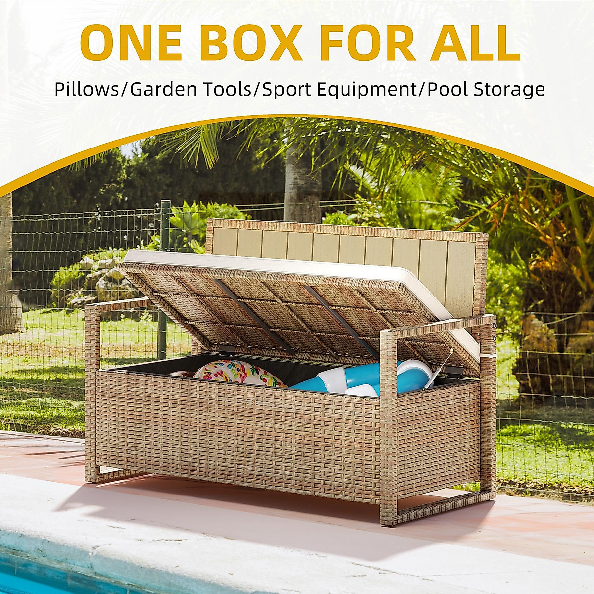 DWVO 70 Gallon Outdoor Storage Bench, Weather-Resistant Deck Box Bench, Wicker Storage with Cushion Seating for Patio, Outdoor, Pool and Garden (Tan)