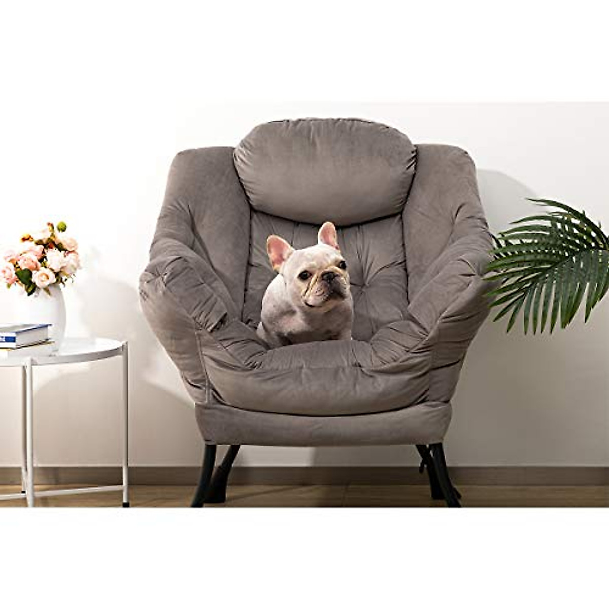 AcozyHom Modern Large Cotton Fabric Lazy Chair，Accent Contemporary Lounge Chair, Single Steel Frame Leisure Sofa Chair with Armrests and A Side Pocket, Smoky Grey