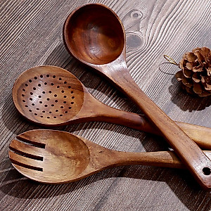Wooden Kitchen Utensil Set Uncoated Dishwasher Safe Bamboo Cooking Utensils Set with Holes, Organic Teak Wooden Spoons for Cooking (Dark Brown)