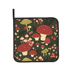 Vintage Mushroom Oven Mitts and Pot Holders Sets of 2, Non-Slip Cooking Hot Pads Washable Heat Resistant for Kitchen Microwave BBQ Baking Grilling