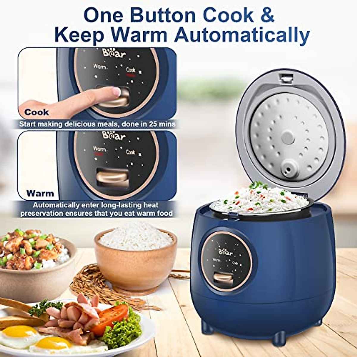 Bear Mini Rice Cooker 2 Cups Uncooked, 1.2L Portable Non-Stick Small Travel Rice Cooker, One Button to Cook and Keep Warm Function, Blue