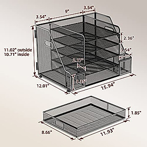 DALTACK Desk Organizer with File Holder, 5-Tier Paper Letter Tray Organizer with Magazine Holder and Drawer, Desk Organizers and Accessories for Office School Supplies, Black, Metal Mesh