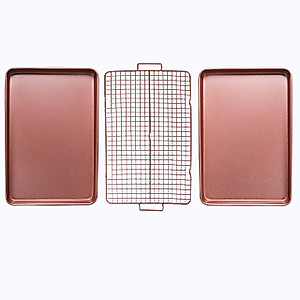 CasaWare 3pc Ultimate Commercial Weight 15 x 10 x 1-inch Cookie Sheet/Cooling Grid Set (Rose Gold Granite)