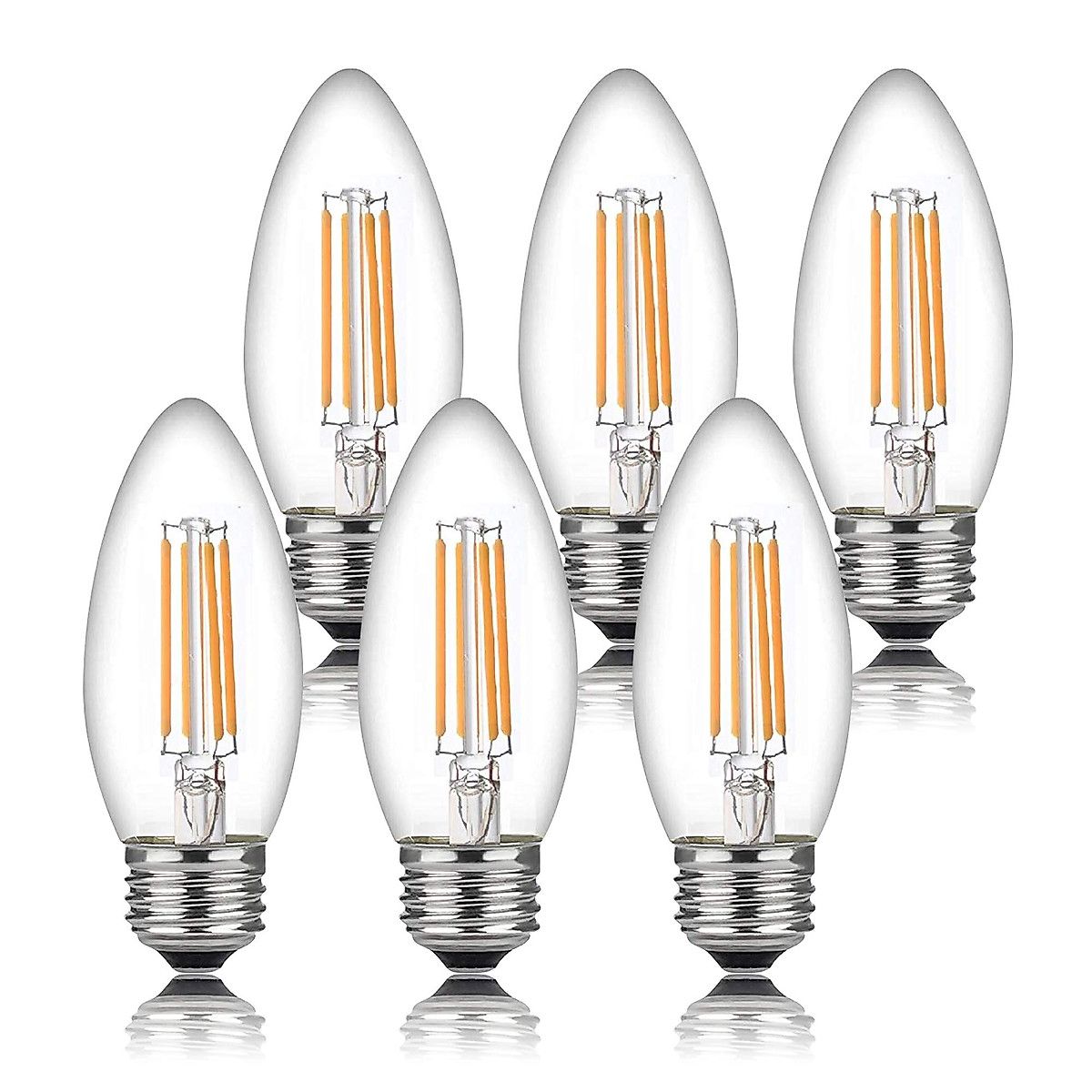 Bioluz LED 93 CRI Medium Base Candelabra Dimmable Filament Clear 60 Watt LED Bulbs (Uses only 5 watts) E26 Base C37 LED Filament Candle Bulbs Title 20 6-Pack