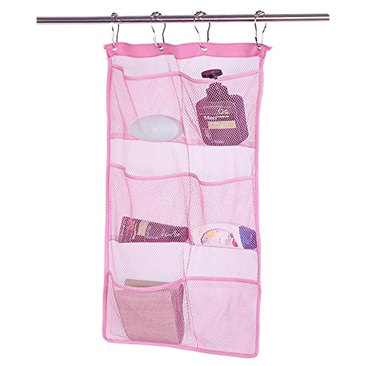ALYER 6 Storage Pockets Hanging Mesh Shower Caddy,Space Saving Bathroom Accessories and Quick Dry Bath Organizer,Pink