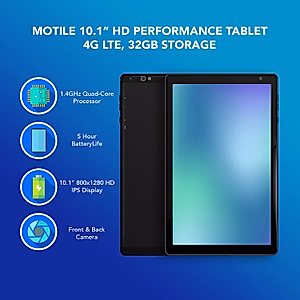 MOTILE 10.1” IPS Touch Screen HD Performance Big Android Tablet, 4G LTE/3G/2G, WiFi, Bluetooth, 32GB Storage, Black