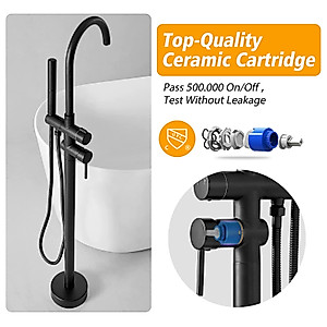 BESy Freestanding Bathtub Faucet Tub Filler Floor Mount Stand Brass Bathroom Tub Faucets with 2 Function Hand Shower Wand Swivel Spout, Matte Black Finish