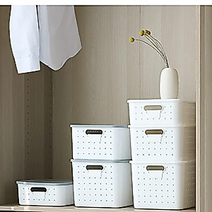vacane Plastic Storage Bins with Lids Set of 3, Stackable Organizer Lidded Basket with Writable Label for Organizing, Sturdy Containers for Shelves Pantry Office School/S+M+L/White