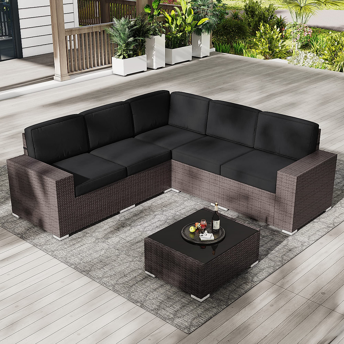 LayinSun Outdoor Patio Furniture Set 6 Pieces Sectional Conversation Sofa Set Brown Rattan Sofa Set with Coffee Table