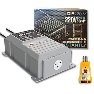 K KRIËGER DIY220 Quick Connect 220V Power Supply, Power 208-240 Volts from Two Separate 110/120V AC Circuits, 220V 15A AC Output Outlet with GFCI Outlet Circuit Tester