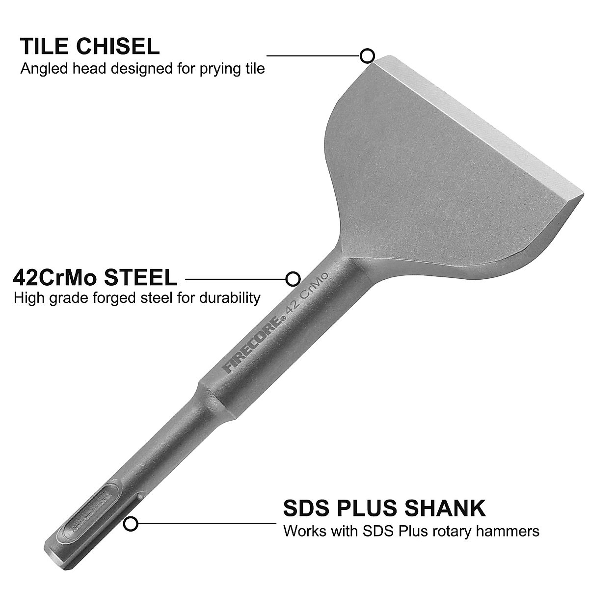 Firecore 3 In SDS Plus Chisel Bit Cranked Angled Bent Chisel for Hammer Drill 42CrMo, SDS Plus Floor Scraper with Spare Bolts and Locknuts, 5 Inch x 11 Inch Tile Removal Chisel Tool Heavy Duty