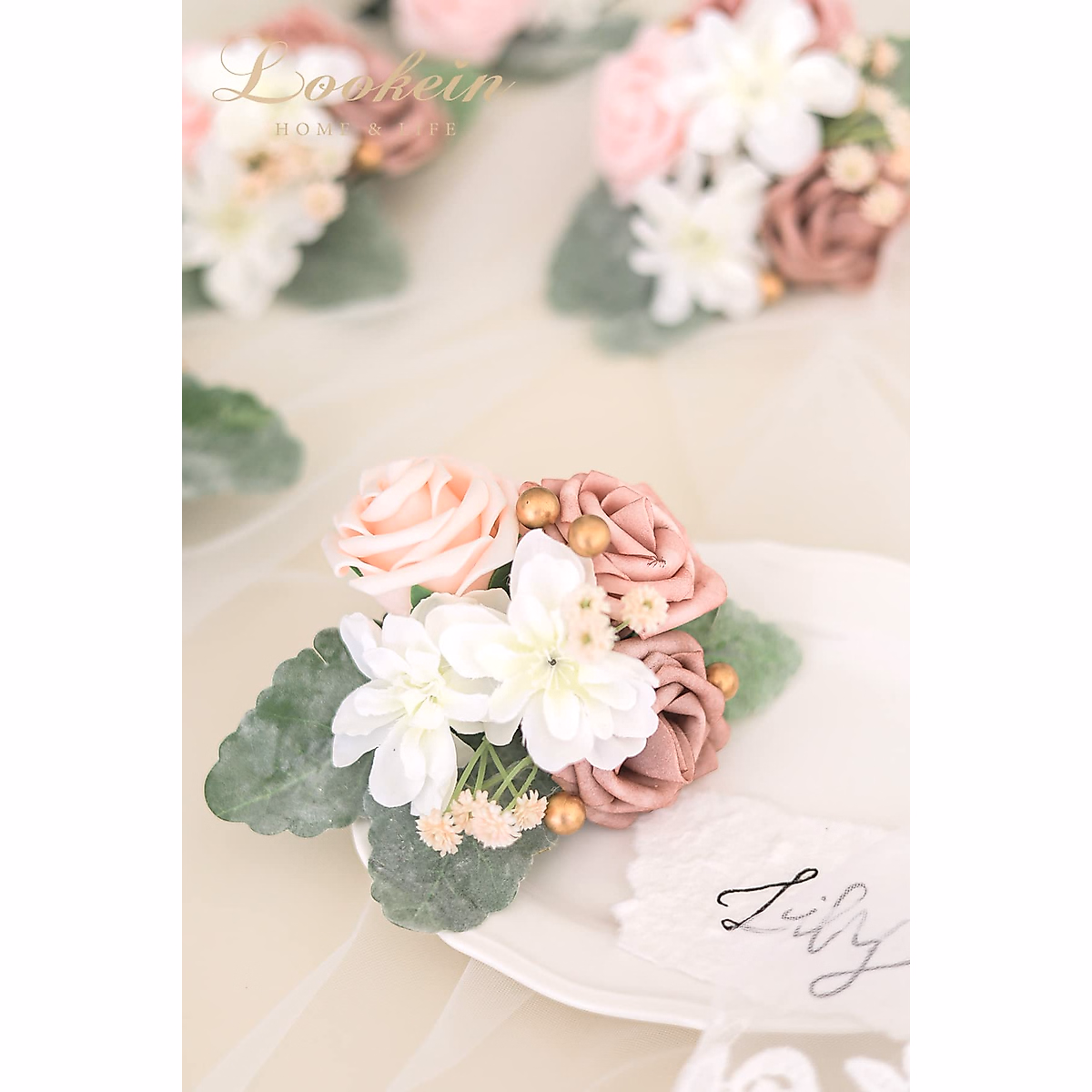 Lookein Set of 2 Bridesmaid Corsage for Wedding Flowers Shoulder Corsages Bridesmaid Gift Corsage Wristlet for Prom for Wedding Ceremony, Dusty Rose