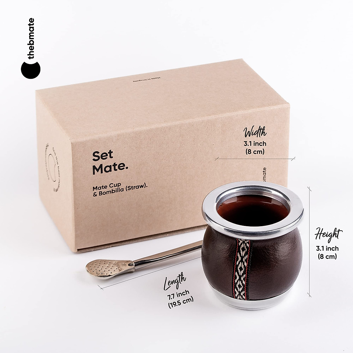 thebmate [Tiny Mate Premium Set Yerba Mate Cup - Crafted Ceramic Teacup - Brown Leather Wrapped Handmade in Uruguay - Set Mate Tiny with German Silver Bombilla Straw and Cleaning Brush (Dark Brown)