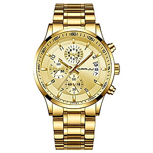 CRRJU Men's Golden Watches Luxury Business Waterproof Calendar Quartz Watches for Men Chronograph Stainless Steel Band Wristwatches