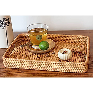 Rectangular Wicker Serving Tray-Set of 2- w/Inbuilt Handles-Handmade Woven Rattan Storage Basket-Decorative Coffee Tabletop Tray-Boho Flat Bathroom Organizer-(L- 15.4"x2.4" M- 13.7"x 2")