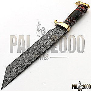 HTK-9228 Custom Handmade Damascus Steel Hunting Tanto Knife 15 Inches Buffalo Horn Handle Ladder pattern Blade with sheath