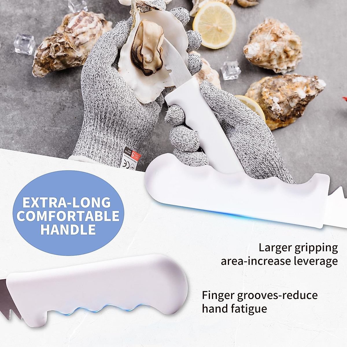 ADORAMBLING 2PCS Oyster Shucking Knife + 4PCS A5 Cut-Resistant Gloves(2M+2L),8" Oyster Knife With Extended Ergonomic Handle,Stainless Steel Oyster Shucker Tool Oyster Opener Tool Oyster Shucking Kit