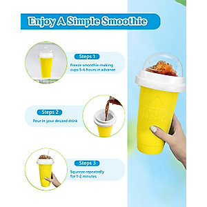 Slushy Maker Cup, DIY Magic Slushy Maker Squeeze Cup, Portable Smoothie Squeeze Cup for Juices, Milk and Ice Cream Make, Double Layers Silica Cup with Lid & Straw for Kids, Friends, Family (Yellow)1