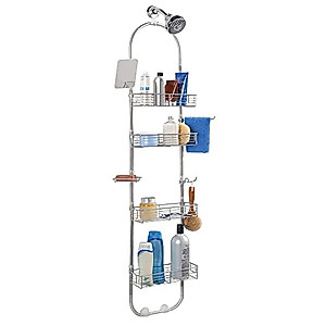 mDesign Metal Bathroom Shower Caddy Station for Shampoo, Conditioner, Hand Soap - Accessory Hook and Towel Bar - 4 Shelf Format, Brushed Stainless Steel