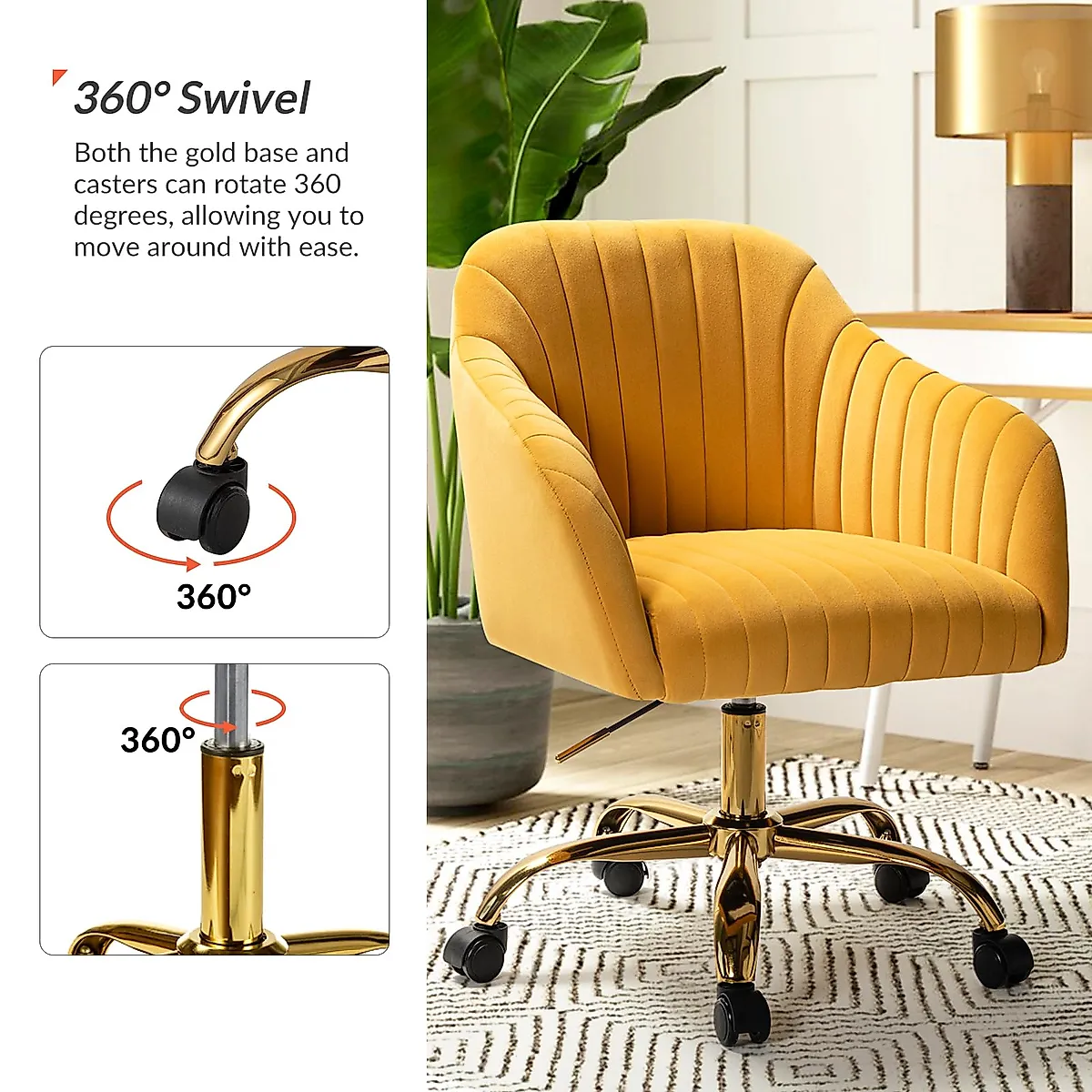 HULALA HOME Modern Velvet Home Office Desk Chair with Gold Base & Channel Back, Upholstered Swivel Computer Task Chair for Bedroom, Height Adjustable Cute Vanity Chair for Women Girls, Mustard