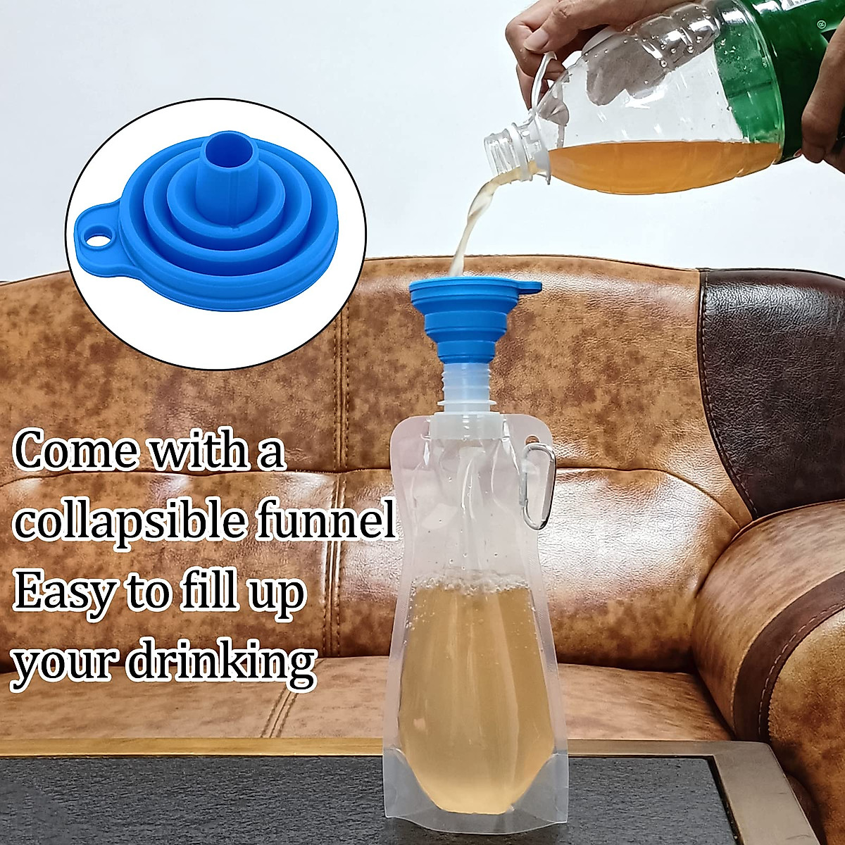 10pcs Collapsible Reusable Water Bottle with Carabiner Clip and folding funnel, for For Gym, Sports, Teams, Hiking, Camping, Biking, Outdoors, Beach, Traveling, Yoga & More, 5 Color