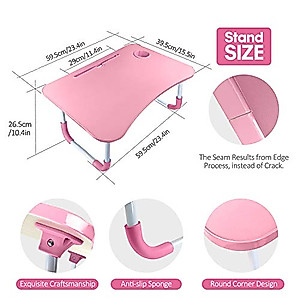 KPX Portable Laptop Bed Table, Fordable Lap Desk with Cup Slot & Notebook Stand Breakfast Bed Trays for Eating and Laptops Book Holder Lap Desk for Floor,Couch, Sofa, Bed, Terrace, Balcony (Pink)