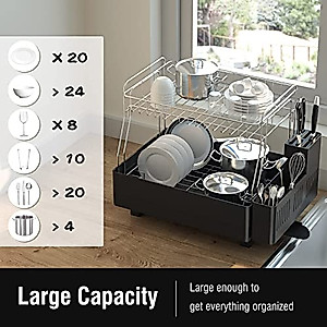 Klvied Dish Rack with Swivel Spout, 2 Tier Drying Rack for Kitchen Counter, Large Dish Drying Rack with Drainboard, Dish Strainers for Kitchen Counter, 304 Stainless Steel Dish Drying Rack, Black