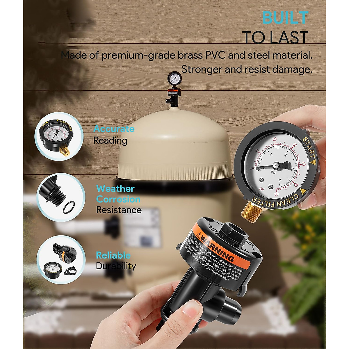 98209800 High Flow Manual Air Relief Valve w/Pressure Gauge Replacement for Pool and Spa Filter