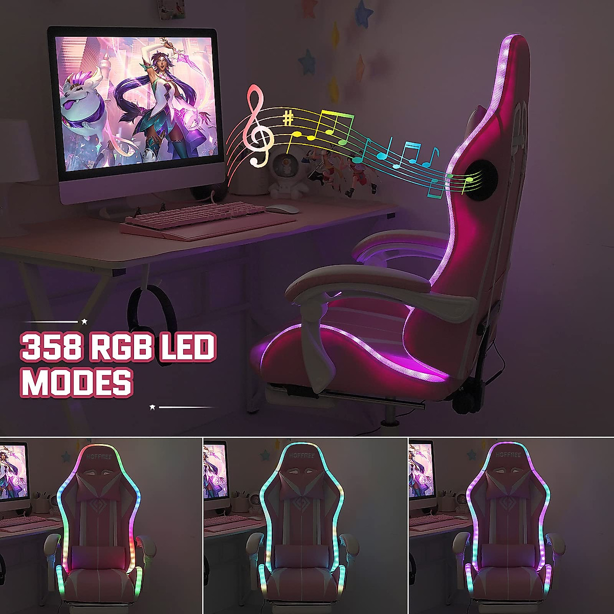 HOFFREE Pink Gaming Chair with Bluetooth Speakers and LED RGB Lights Cute Ergonomic Massage Computer Gaming Chair with Footrest High Back Video Game Chair with Lumbar Support Pink and White