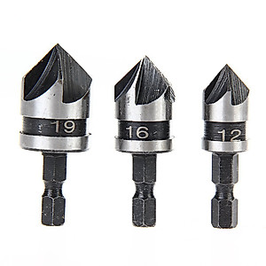 Yakamoz 3Pcs 1/4 Inch Hex Shank 5 Flute 90 Degree Chamfering Countersink Drill Bit Set | 12mm 16mm 19mm