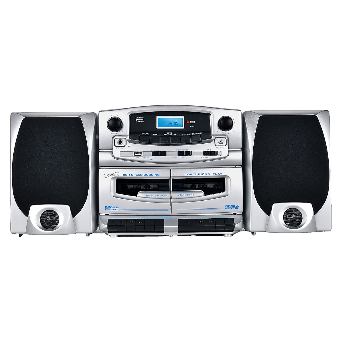 Supersonic SC-2121BT Bluetooth Entertainment Audio System, Bluetooth 5.0, op Loading MP3/CD Player, AM/FM Radio, USB Input, Double Cassette Recorder, High-Performance Detachable Speakers, AC/DC