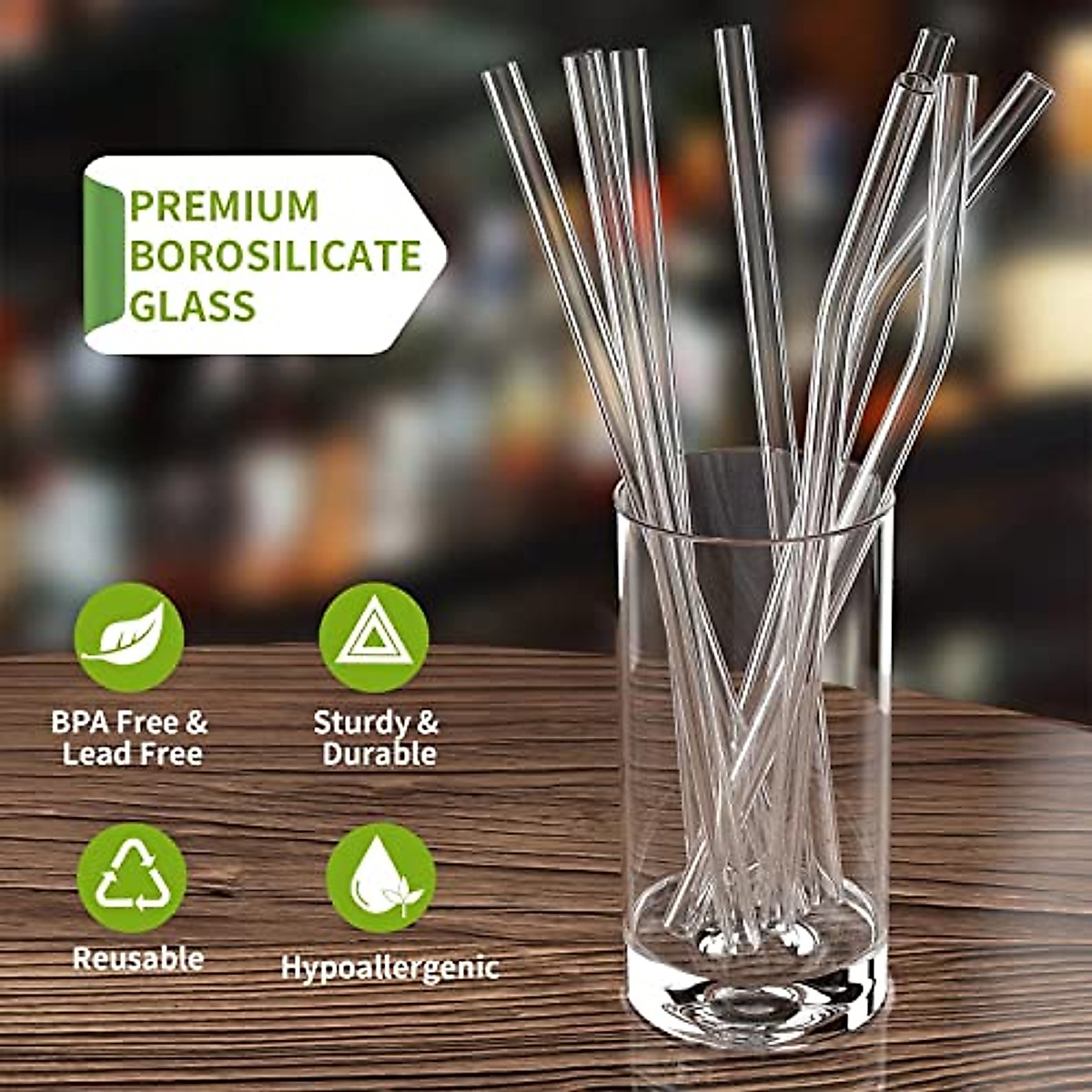 Elyum 8 Pack Reusable Glass Straws, 10'' x 10mm Clear Drinking Straws with 2 Cleaning Brushes Portable Glass Straws for Smoothies Tea Juice Wine (4 Straight + 4 Bent)