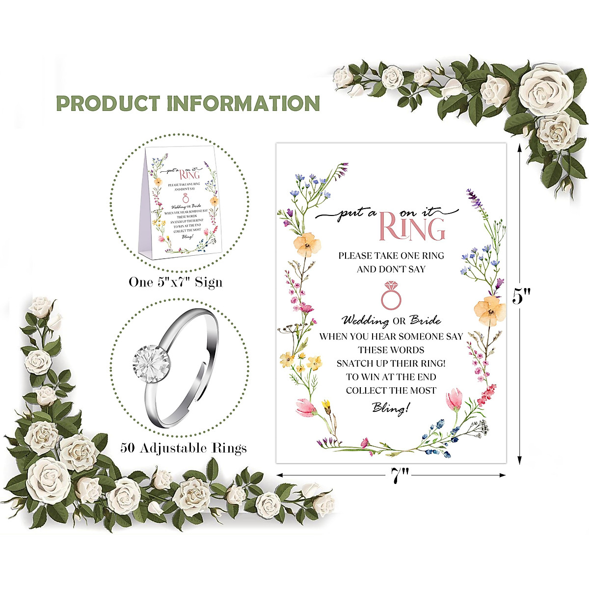 Boho Wildflowers Don't say Bride or Wedding Game, Put a Ring on It Bridal Shower Game with 50 Fake Rings, Bridal Shower Decorations, Wedding Shower or Bachelorette Party Supplies - 11