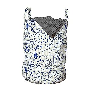 Ambesonne Cartoon Laundry Bag, Science Chemistry Geometry Math Nerd Geek and Genius Themed Design Art, Hamper Basket with Handles Drawstring Closure for Laundromats, 13" x 19", Blue and Ivory
