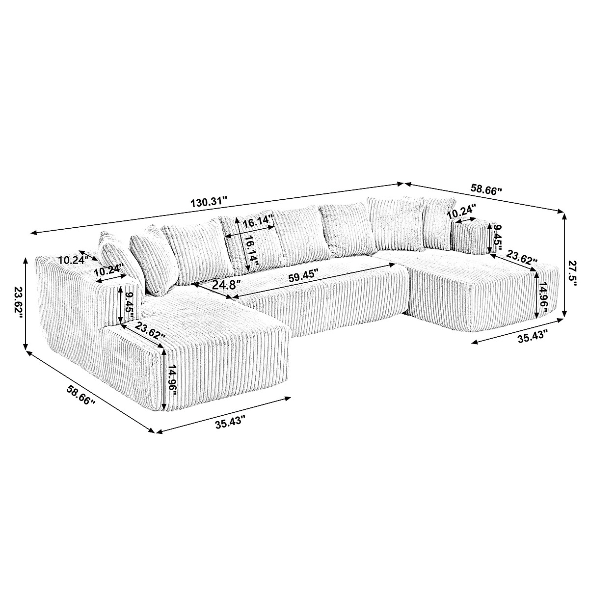 VnndeNest 131" Modular Sectional Couch, Comfy Corduroy Striped Fabric Floor Sofa, Luxury U-Shape Sectional Sofa with Chaise Lounge, Free Combination Sleeper Sofa for Living Room, Apartment, Grey