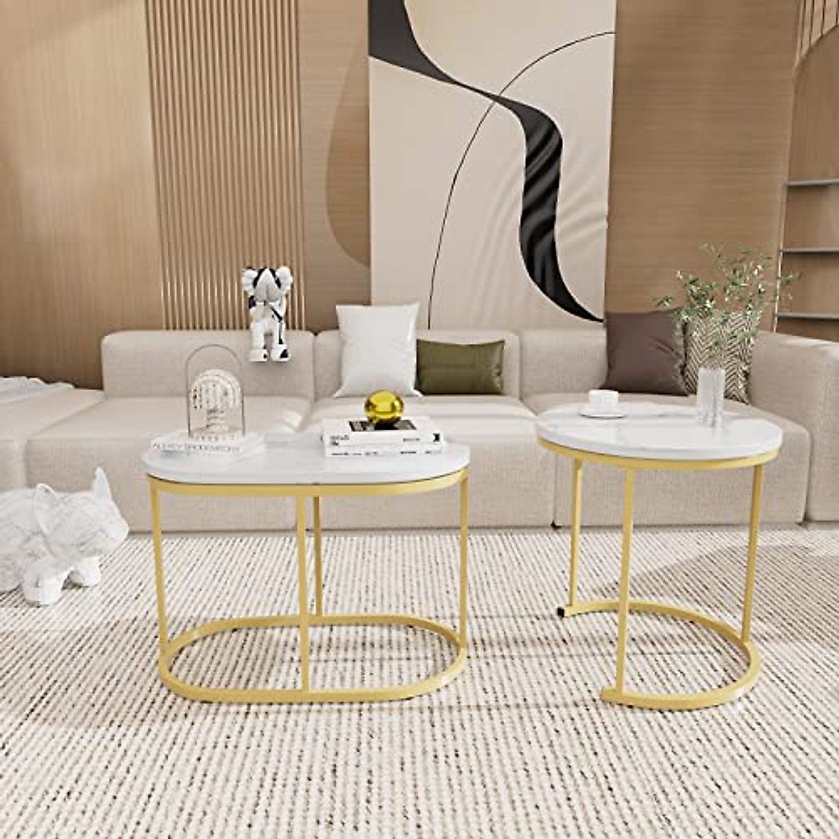 VILAWLENCE Nesting Coffee Table Set of 2 Modern Round White Marble Wood Table,Side Table Gold Metal Frame Oval