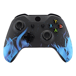 eXtremeRate Blue Flame Faceplate Cover, Soft Touch Front Housing Shell Case, Comfortable Soft Grip Replacement Kit for Xbox One X S Controller Model 1708 - Controller NOT Included