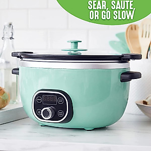 6-Quart Nonstick Electric Slow Cooker - Programmable Ceramic Slow Cookers with Digital Timer, Removable Lid and Pot, Dishwasher Safe Parts, Turquoise