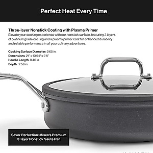 Misen Nonstick Sauté Pan with Lid - 3 QT Deep Frying Pan - Large Nonstick Frying Pan - Glass Lid w/Silicone Rim, Ceramic Outer Coating, Stay Cool Stainless Steel Handles - Versatile Cooking Precision