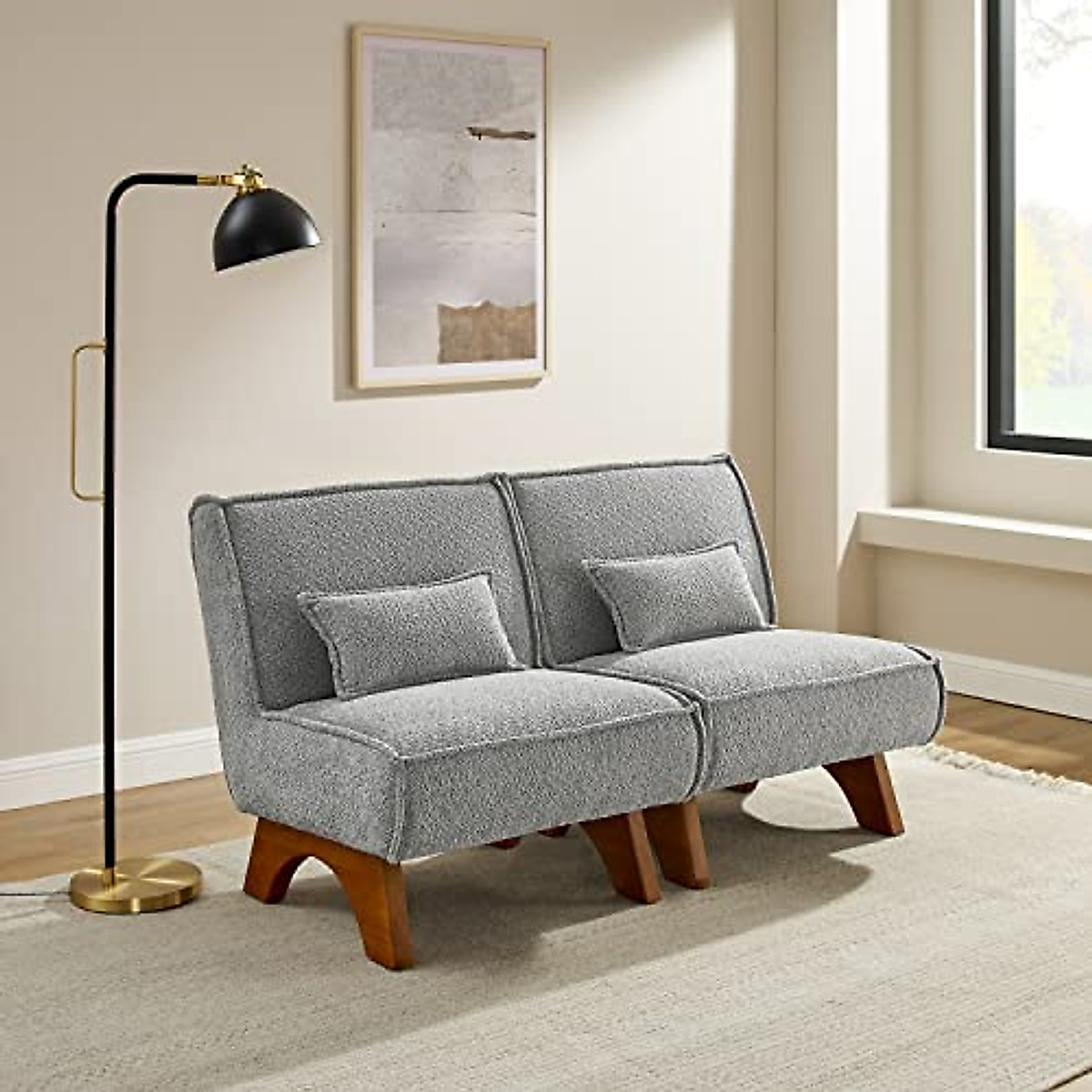 Volans Modular Sectional Sofa Teddy Fabric Sofa, Convertible Sofa Bed with Curved Wooden Legs, Composable Single Seat Sofa Chair with Pillows, Small Sofa for Living Room, Loft, Office, 2 PCS, Gray