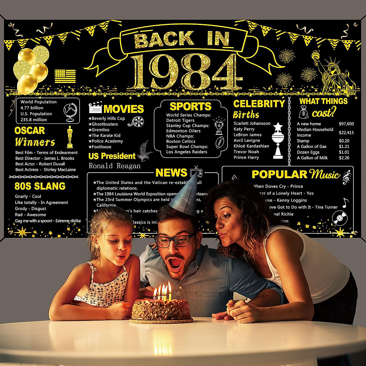 DARUNAXY 40th Birthday Black Gold Party Decoration, Back in 1984 Banner 40 Year Old Birthday Party Poster Supplies Vintage 1984 Backdrop Photography Background for Men & Women 40th Class Reunion Decor