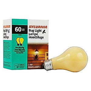 SYLVANIA A19 Incandescent Bulb, Medium Base, Yellow Bug Light, 60W, 2850K, 2 Pack