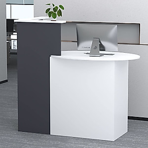 DiDuGo Reception Counter Desk Retail Front Reception Desk for Checkout, Round Desktop, Open Shelves, Lockable Drawer, for Salon White and Dark Grey