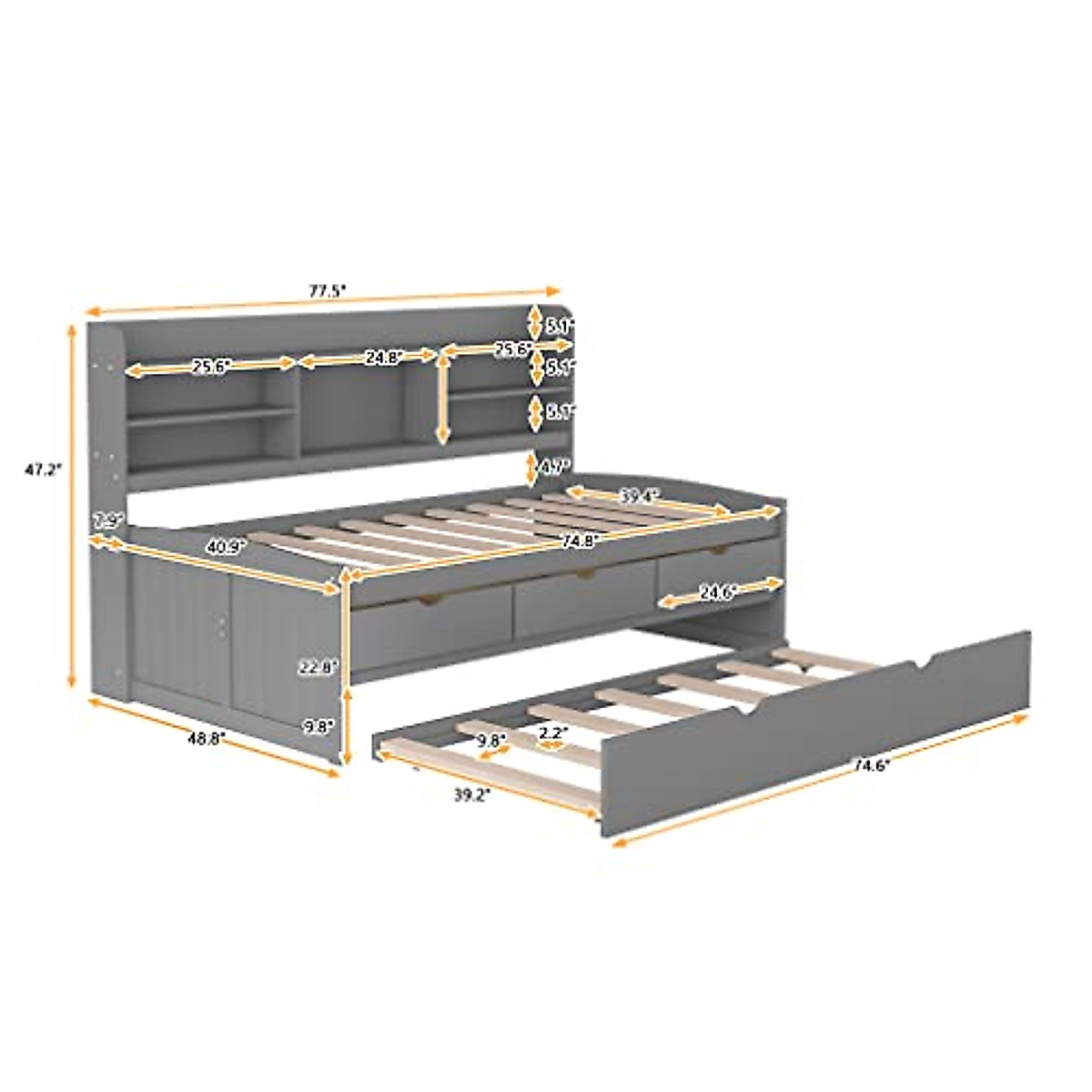 SOFTSEA Twin Size Daybed with Bookcase Headboard, Twin Captains Bed with Trundle and Storage Drawers, Wood Captains Bed with Slats Support for Kids Guests, Gray