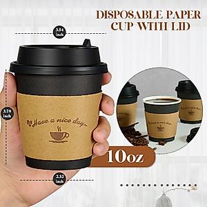 LITOPAK 100 Pack 10 oz Paper Coffee Cups, Drinking Cups for Hot Coffee Chocolate Drinks, Disposable Coffee Cups with Lids, Sleeves and Stirring Sticks, Black Hot Coffee Cups for Home and Cafes.
